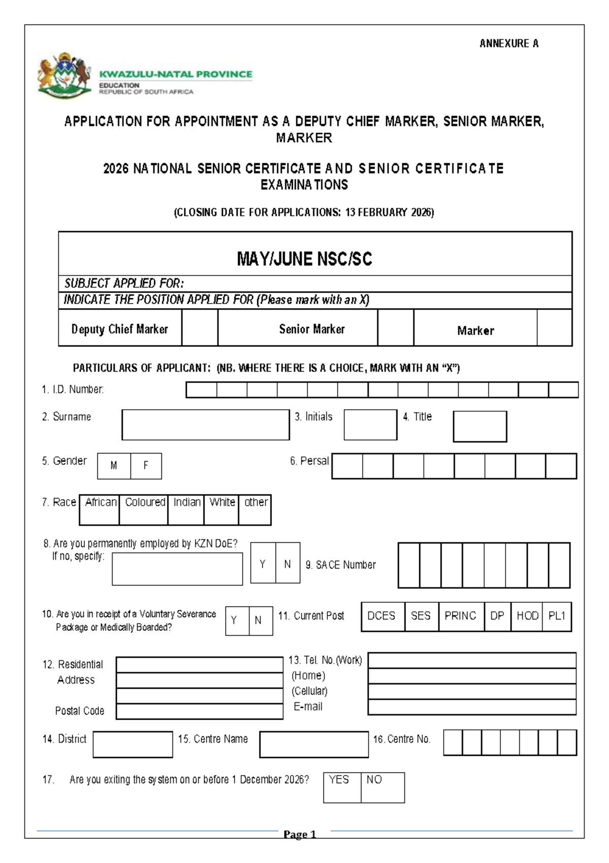 2026 NSC Marker Application Form - Annexure A Final - Studocu