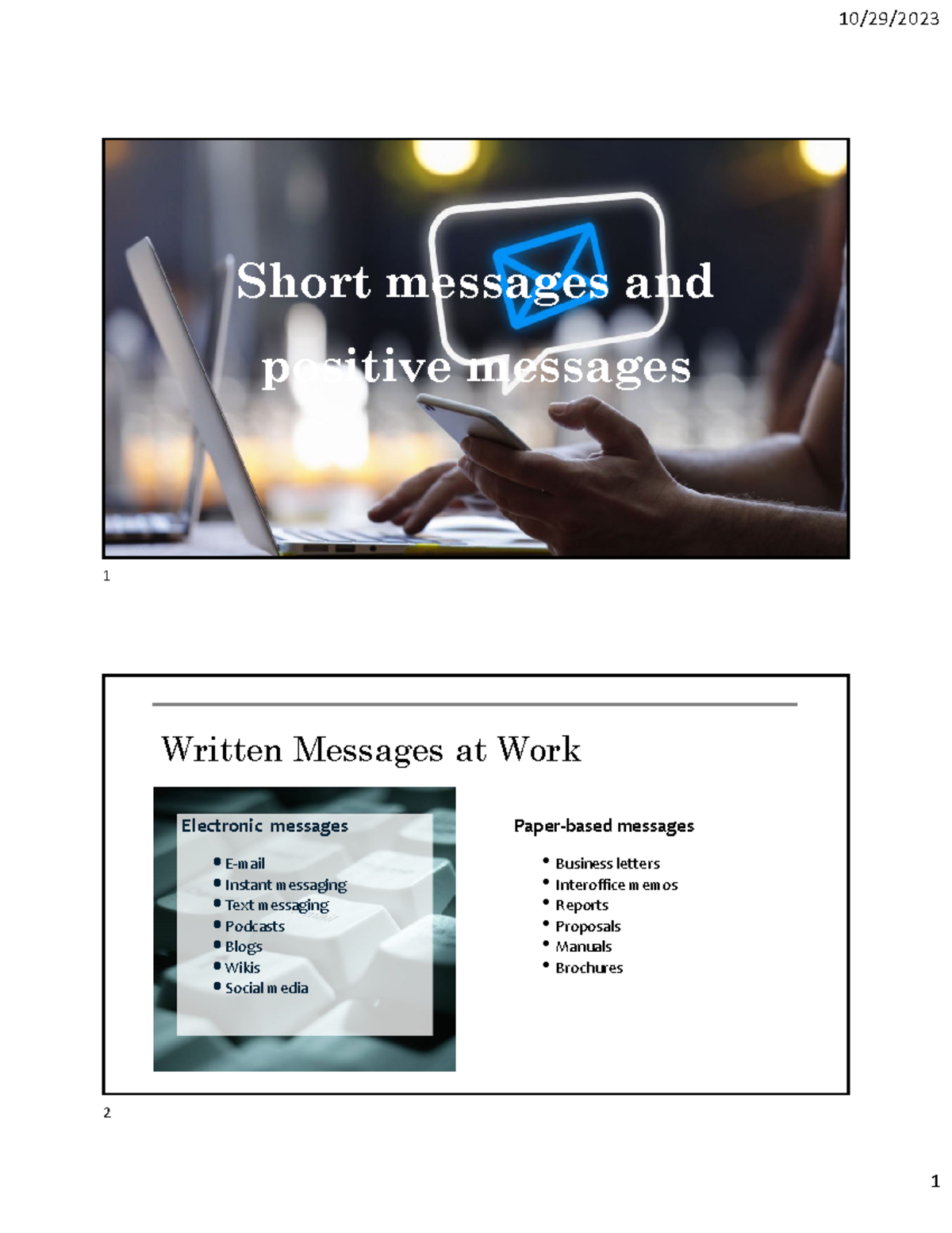 Business Communication: Short & Positive Messages (Topic 3) - Studocu