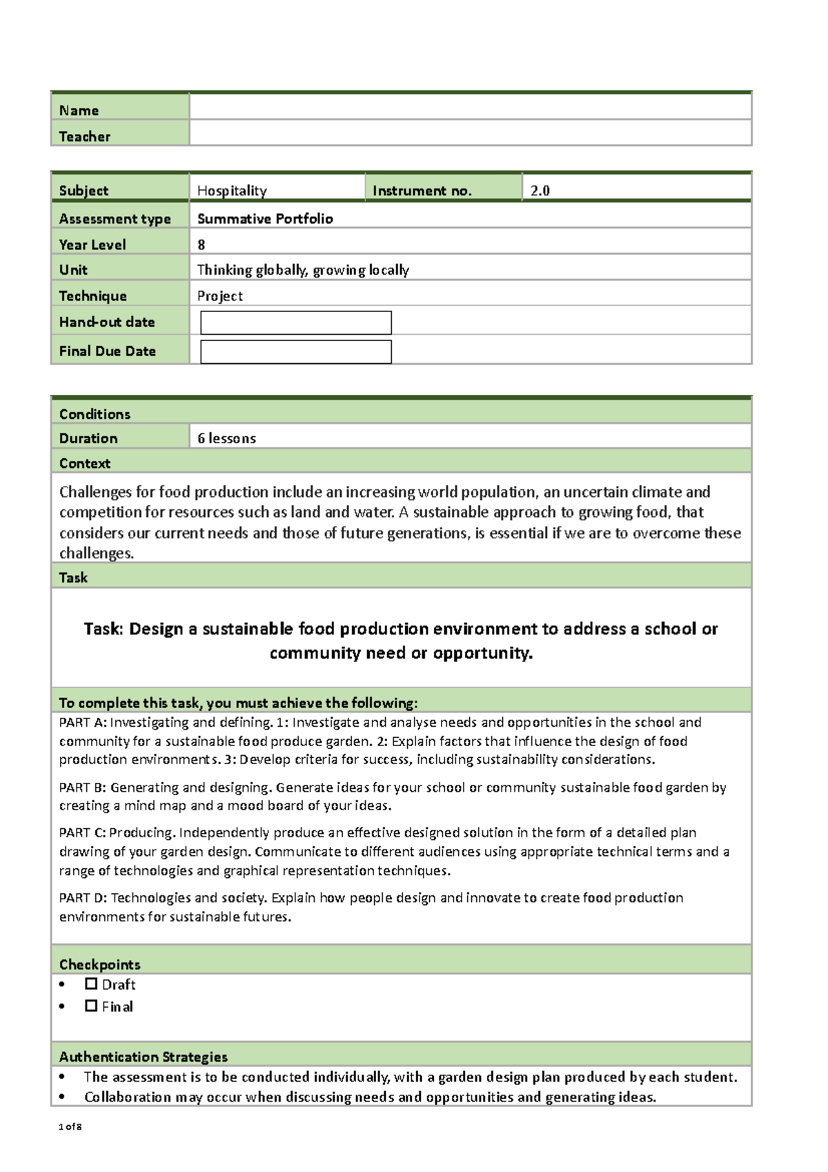 Unit 1 Summative Assessment: Sustainable Food Production Project - Studocu