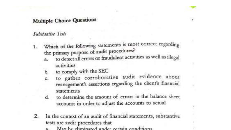 Multiple Choice Questions on Substantive Tests - ACC 101 - Studocu