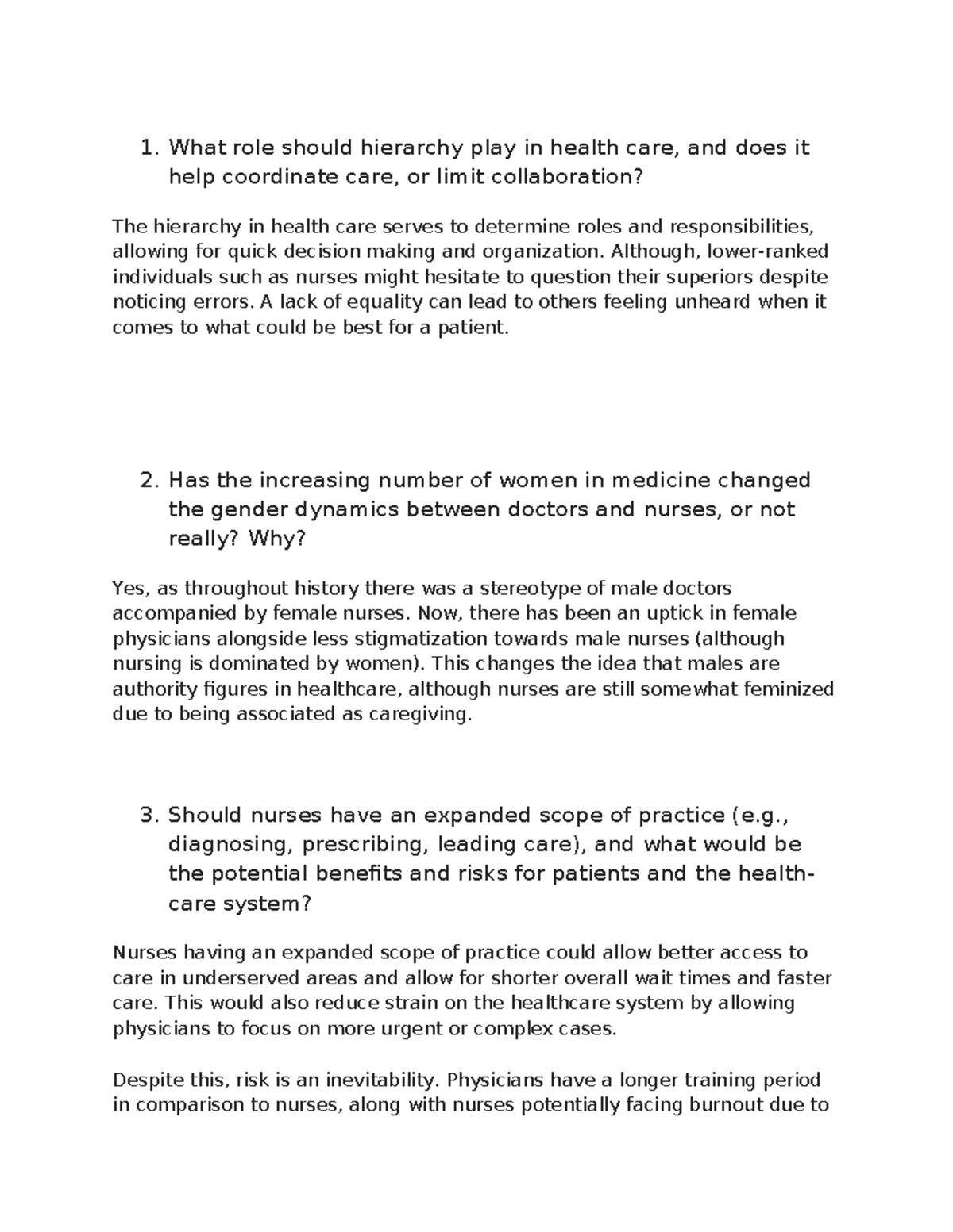 Week 10 Assignment: Hierarchy, Gender Dynamics, and Nursing Roles in ...