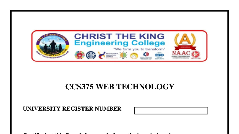 Web - Web - CCS375 WEB TECHNOLOGY UNIVERSITY REGISTER NUMBER Certify that this Bonafede record ...