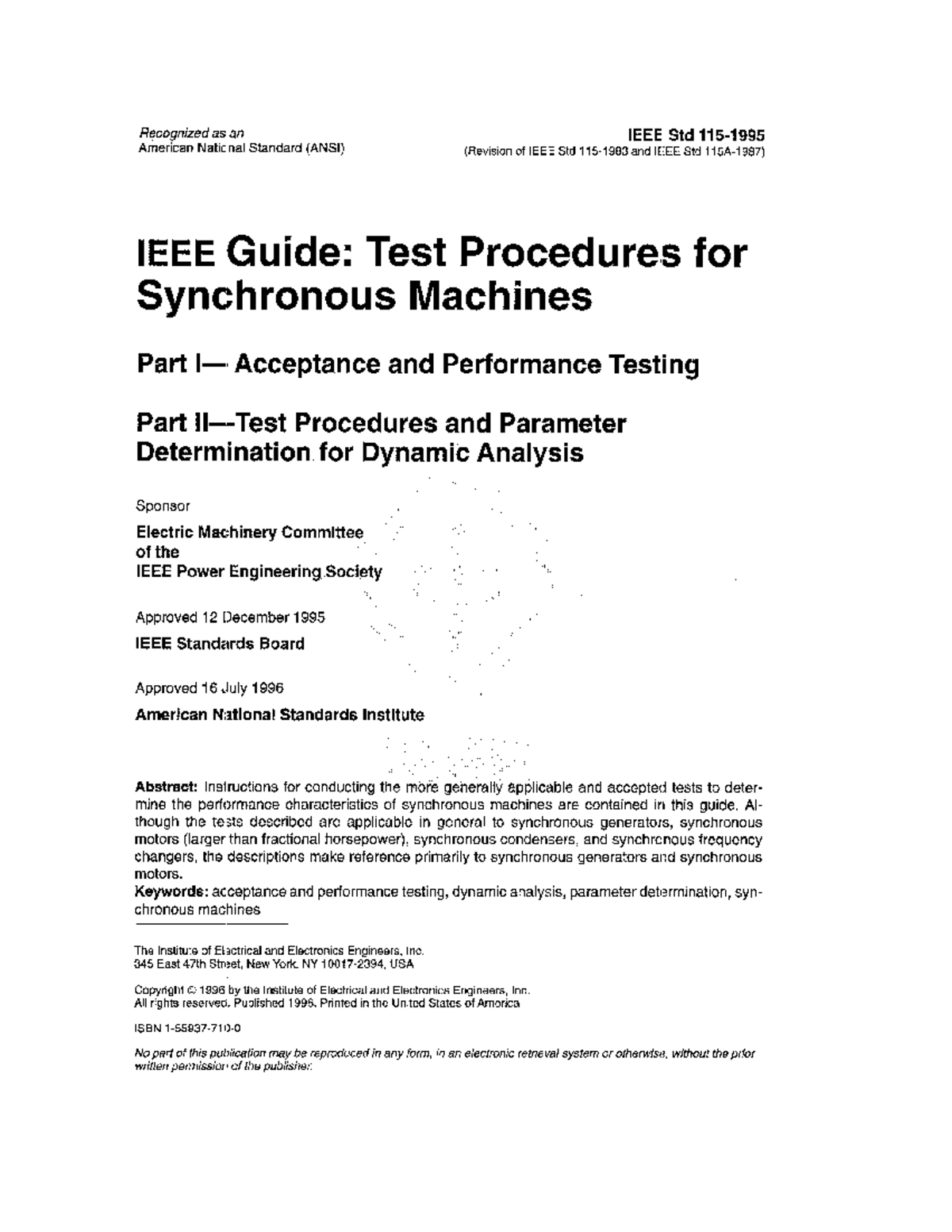 IEEE Std 115-1995: Guide for Test Procedures in Synchronous Machines ...
