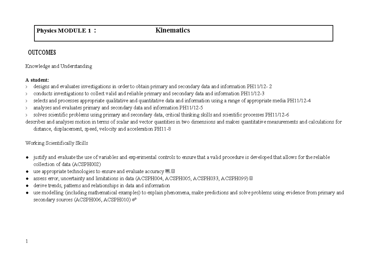 11 PH11/12 Module 1 - Kinematics: Scope, Sequence & Investigations ...