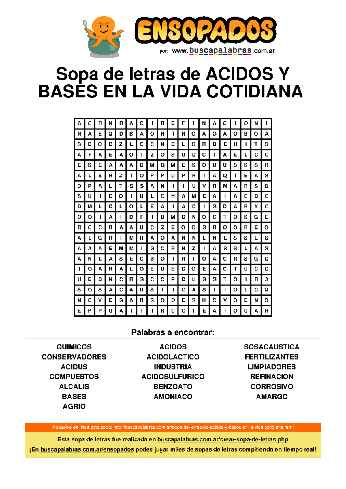 Sopa de Letras: Ácidos y Bases en la Vida Cotidiana - Actividad ...