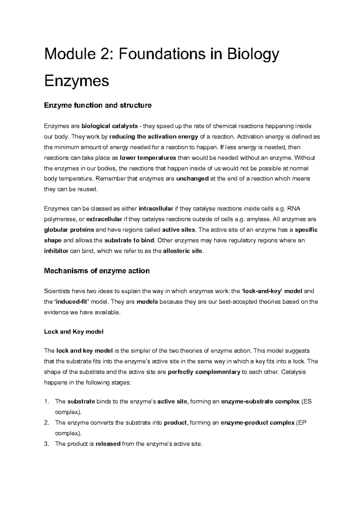 Module 2: Enzymes - Detailed Notes on Enzyme Function & Structure - OCR ...