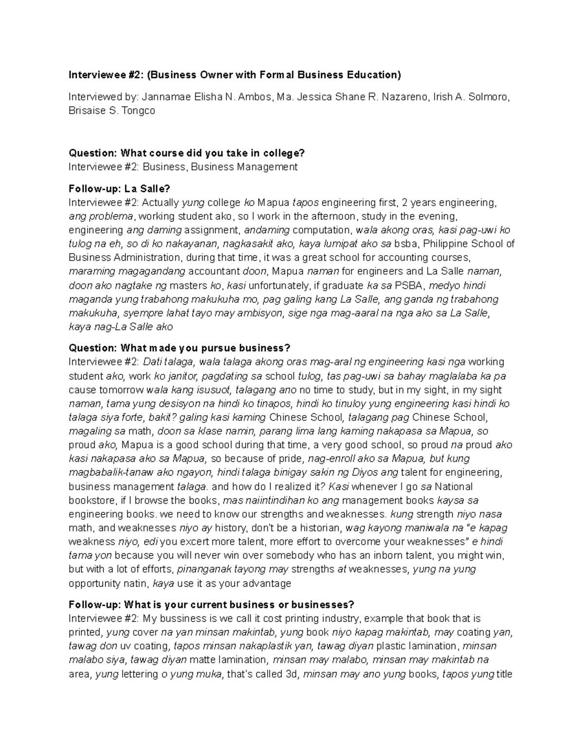 Interviewee Insights: Business Owner's Journey in ABM Course - Studocu