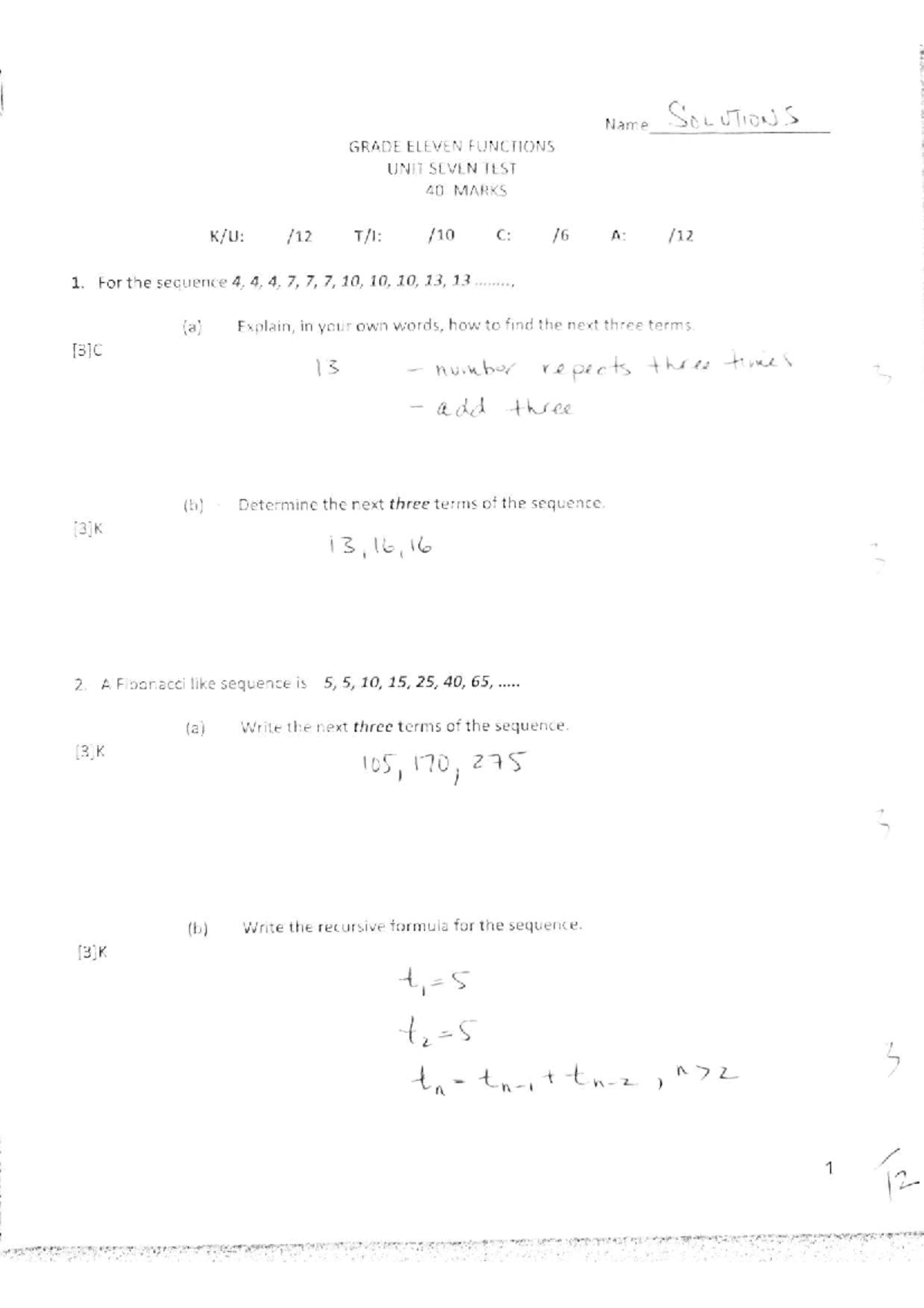 Grade 11 Functions Unit 7 Test Solutions (40 Marks) - Studocu