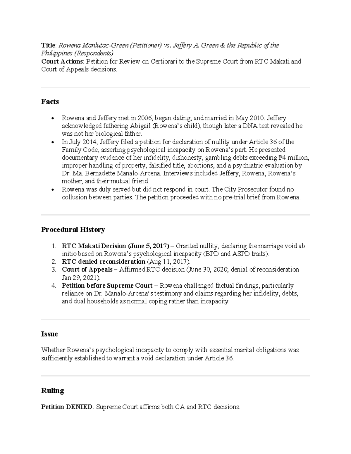 Rowena (Petitioner) vs. Jeffery A. Green: Supreme Court Review on ...