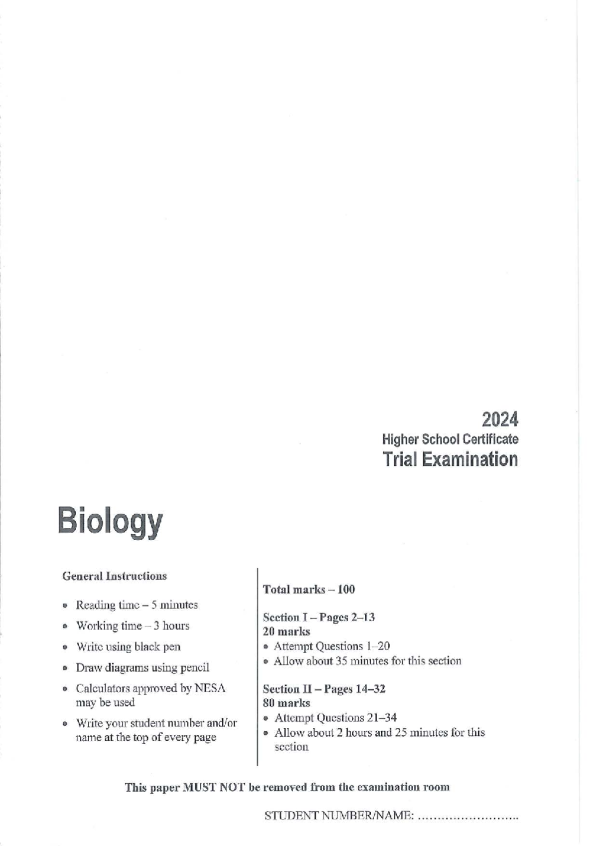 2024 Biology Independent Trial Exam Instructions and Questions - Studocu