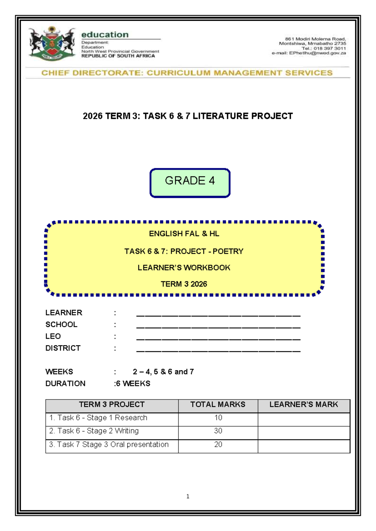 2026 ENG FAL HL Grade 4 Term 3 Literature Project Tasks 6 & 7 - Studocu