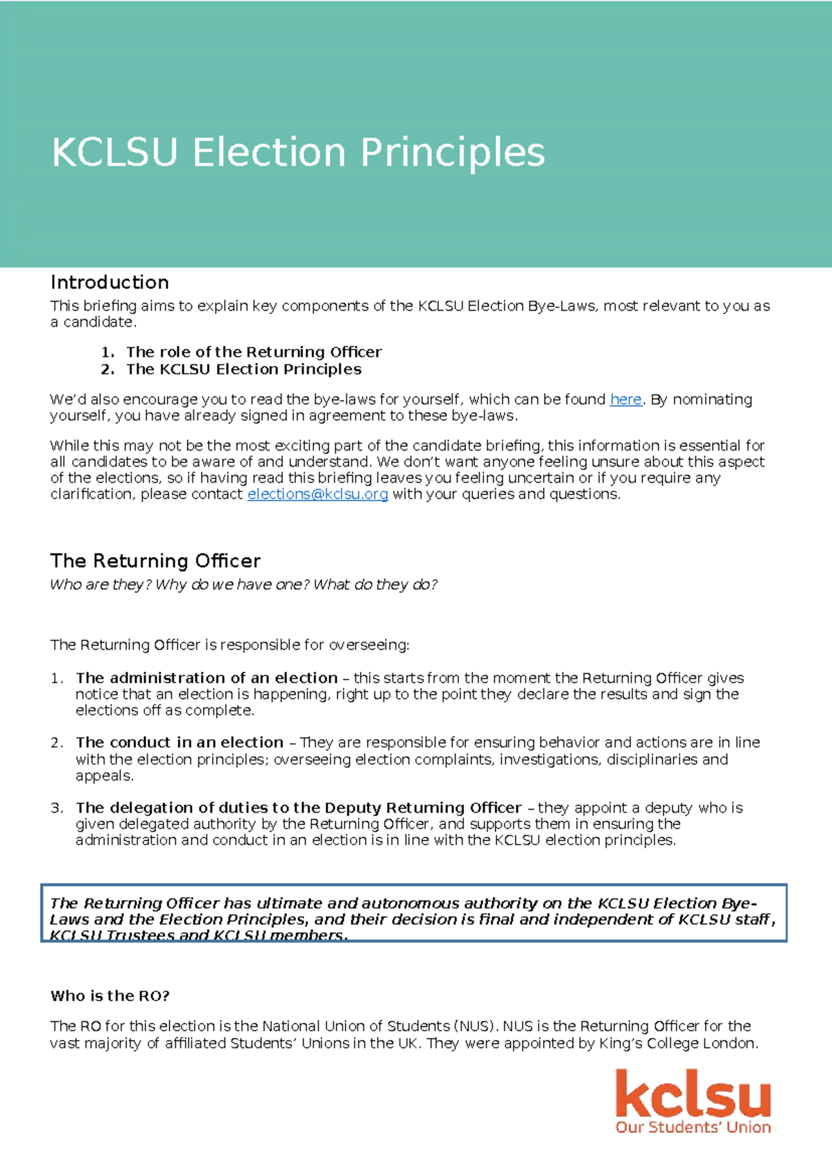KCLSU Election Principles Overview for Candidates - Studocu