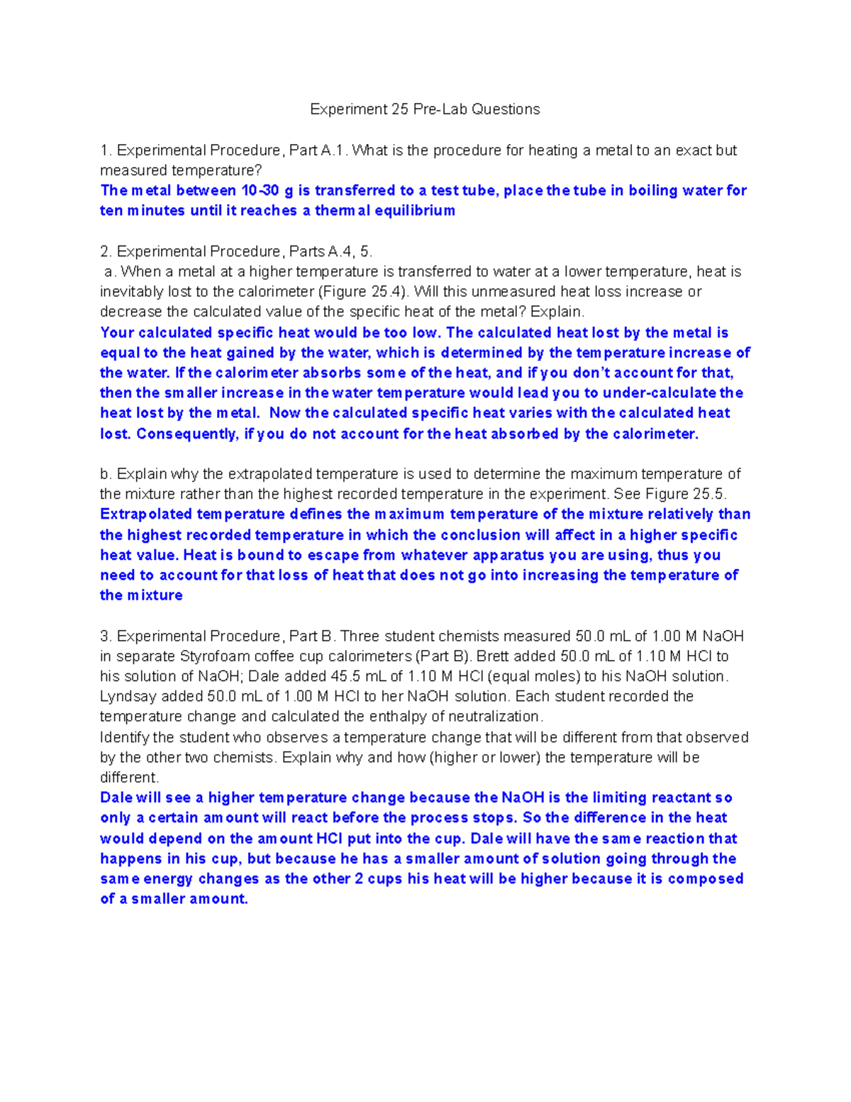 Experiment 25 Pre-Lab Questions - Experiment 25 Pre-Lab Questions Experimental Procedure, Part A ...