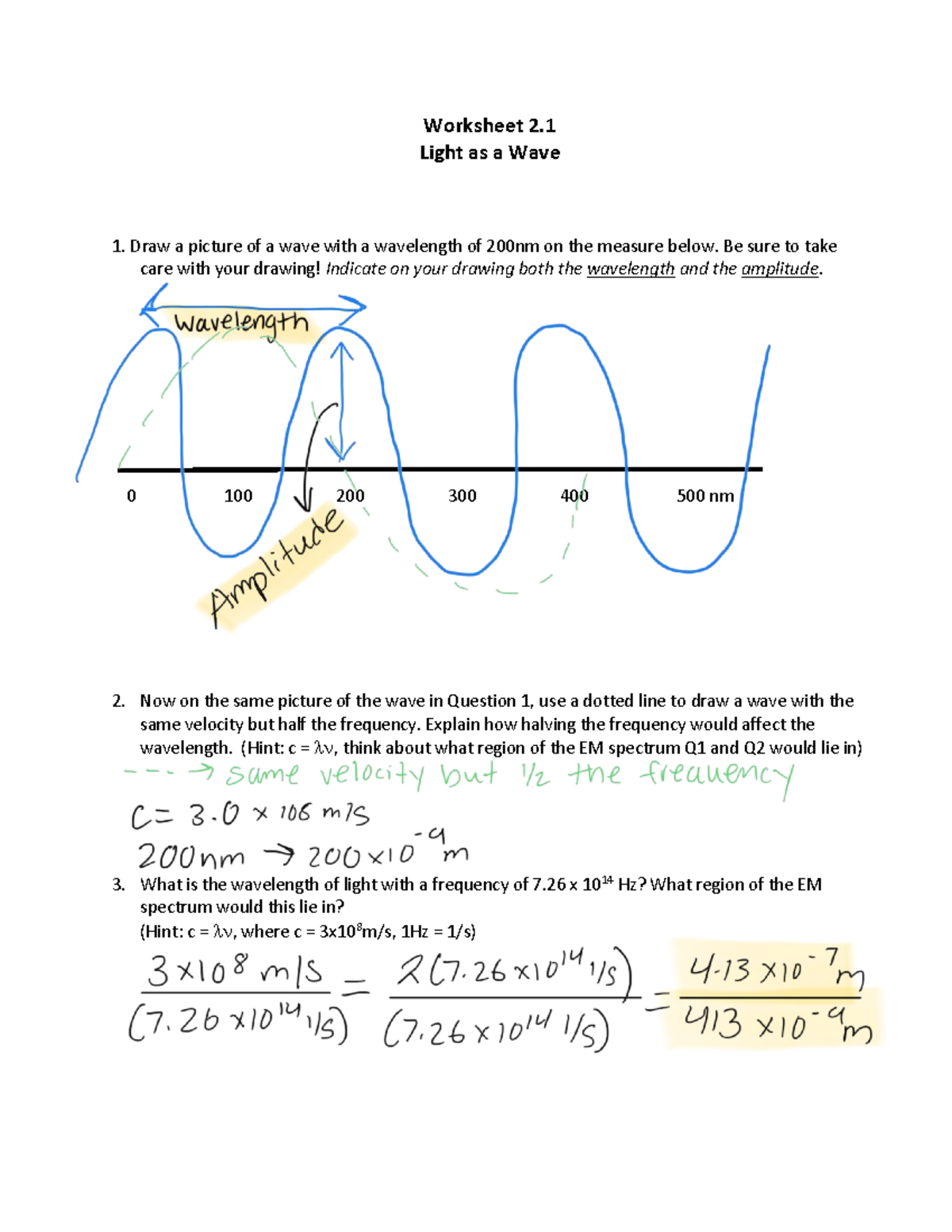 CHEM1061 CLUE Wksht 2 - WKT 2 - Worksheet 2. Light as a Wave Draw a ...