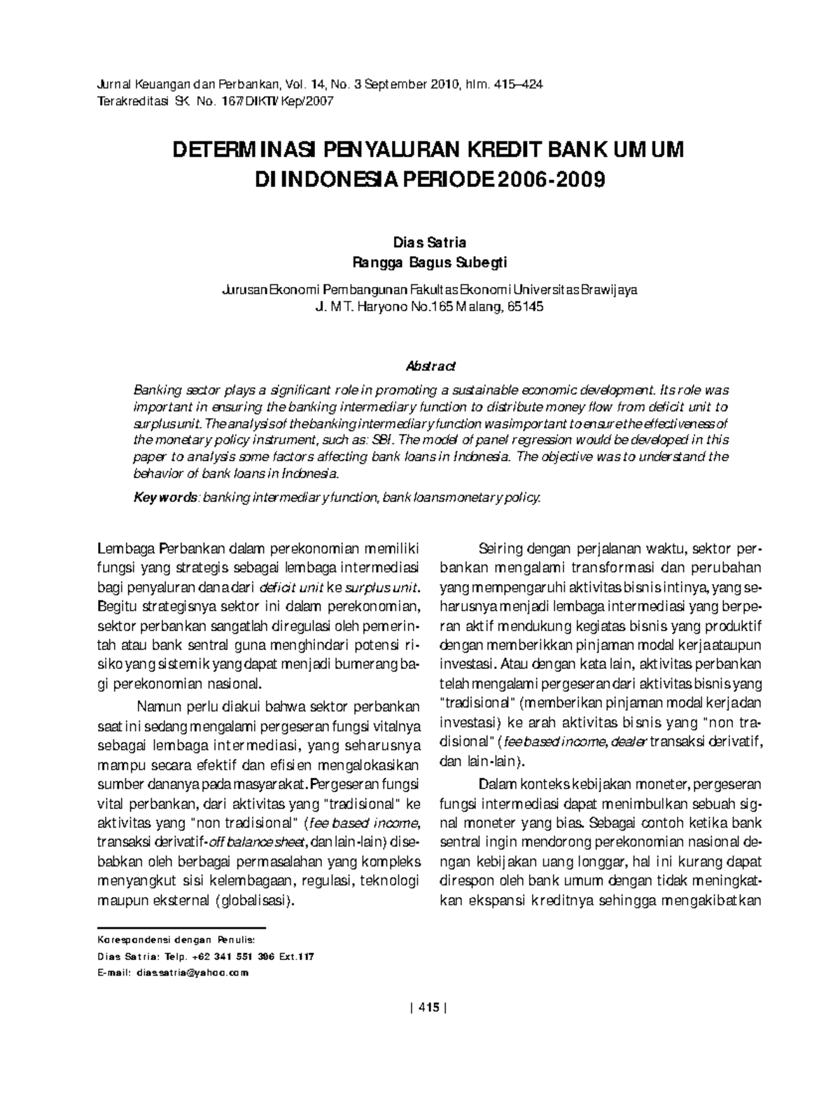 Jurnal 1-1 - Jur nal Keuangan dan Perbankan, Vol. 14, No. 3 Sept em ber 2010, hlm. 415– - Studocu