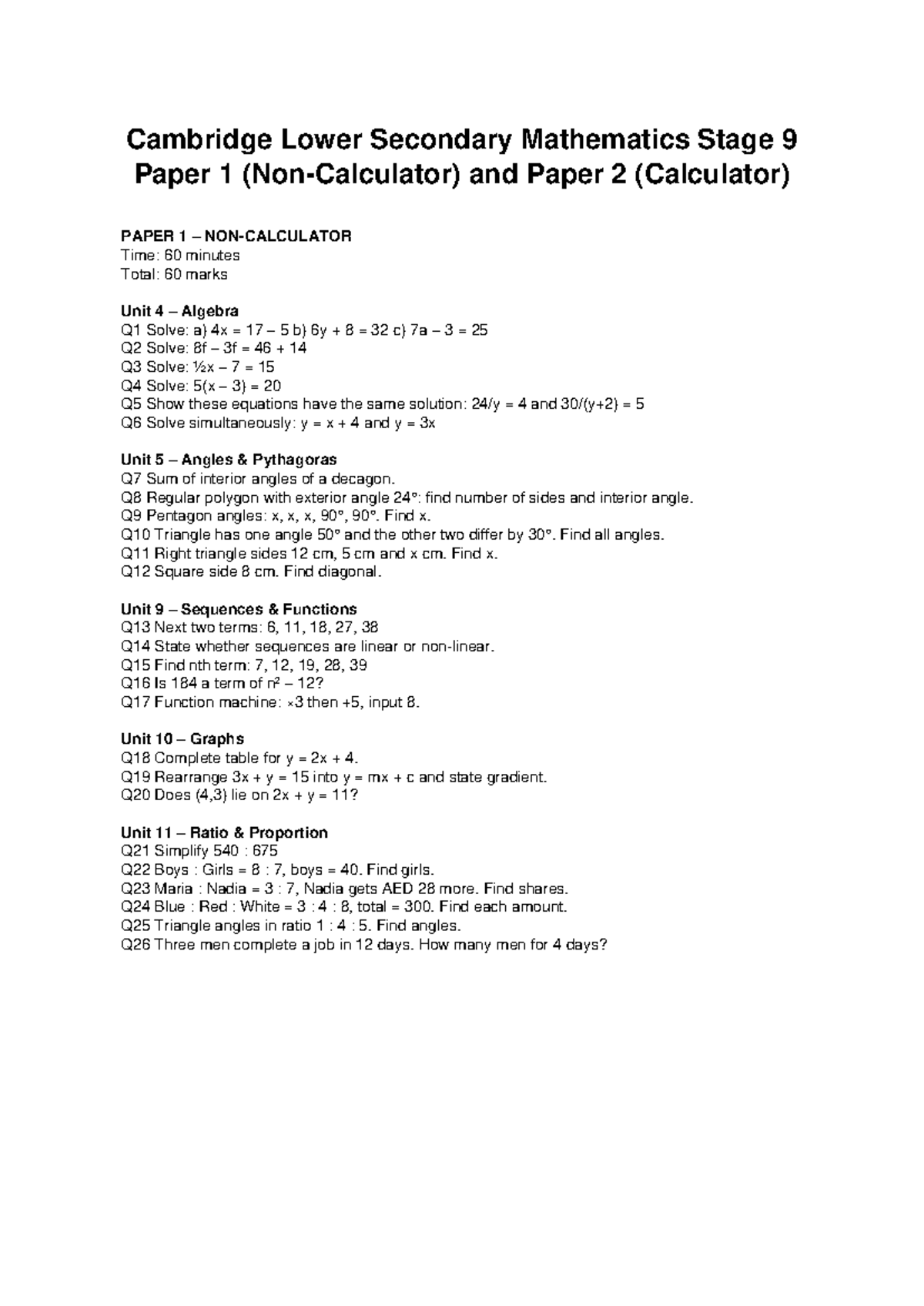 Stage 9 Checkpoint Mock Papers: Cambridge Lower Secondary Maths - Studocu