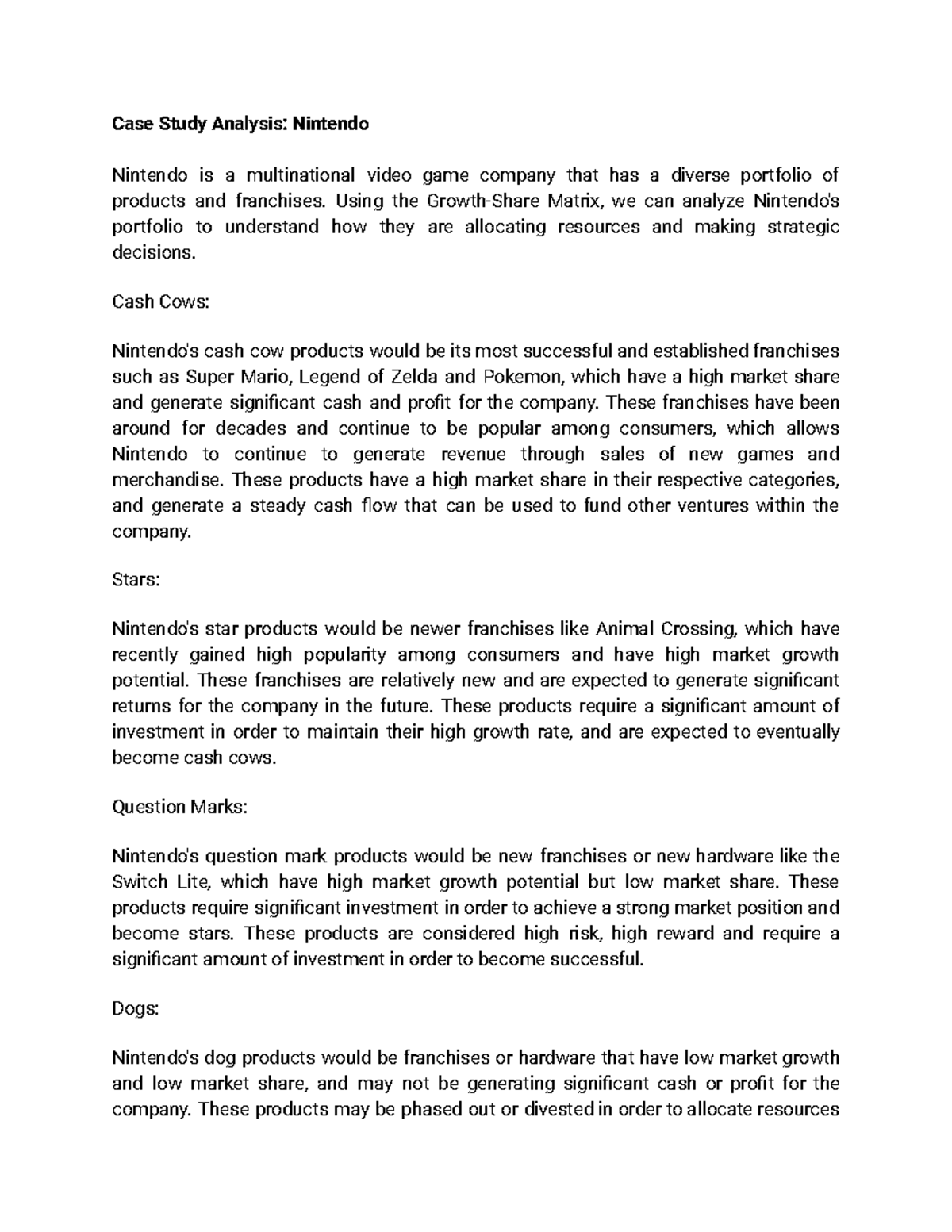 SPM7 - BCG Matrix - Case Study Analysis: Nintendo Nintendo is a ...