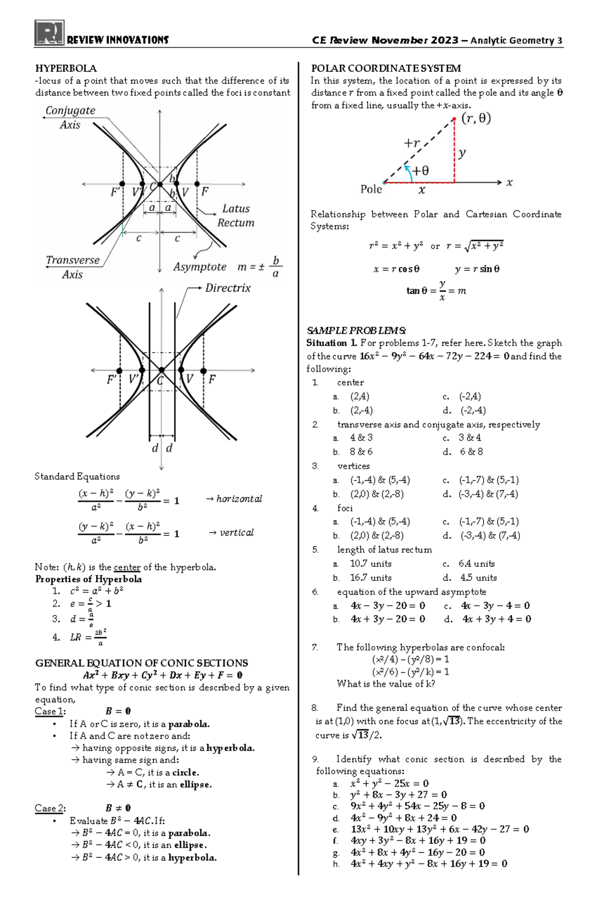 CE 3 Review: Hyperbola and Polar Coordinate Systems - Studocu