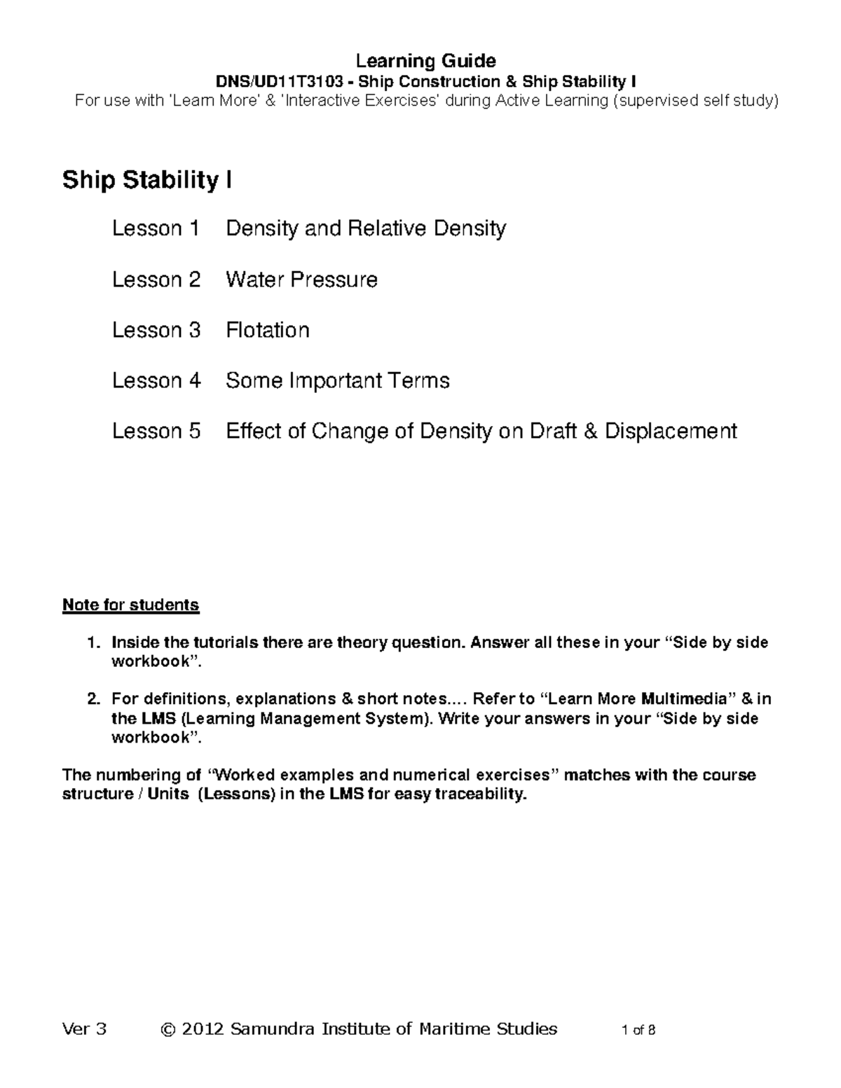 DNS/UD11T3103 - Ship Stability I Lesson Notes & Past Exam Qs - Studocu