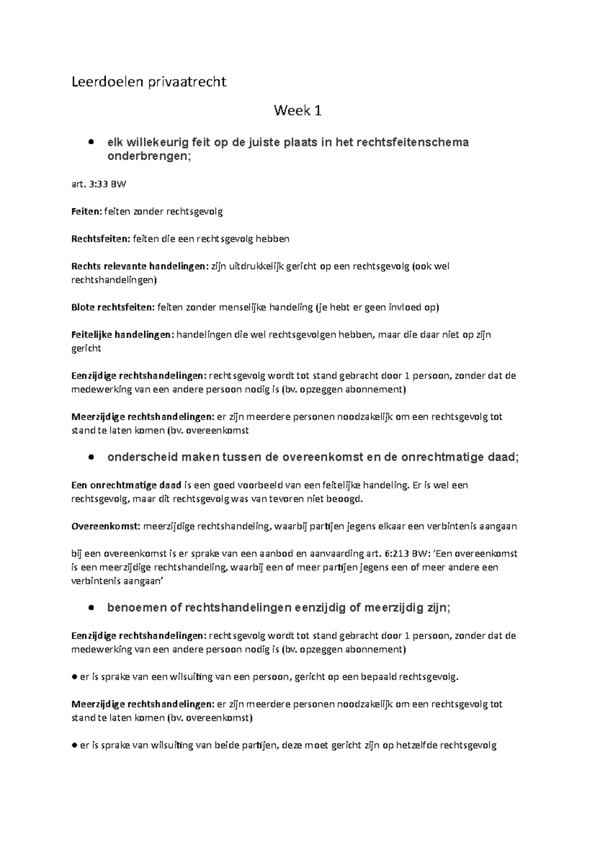 Leerdoelen Privaatrecht (Week 1 t/m 3) - Inzicht in Rechtsfeiten ...