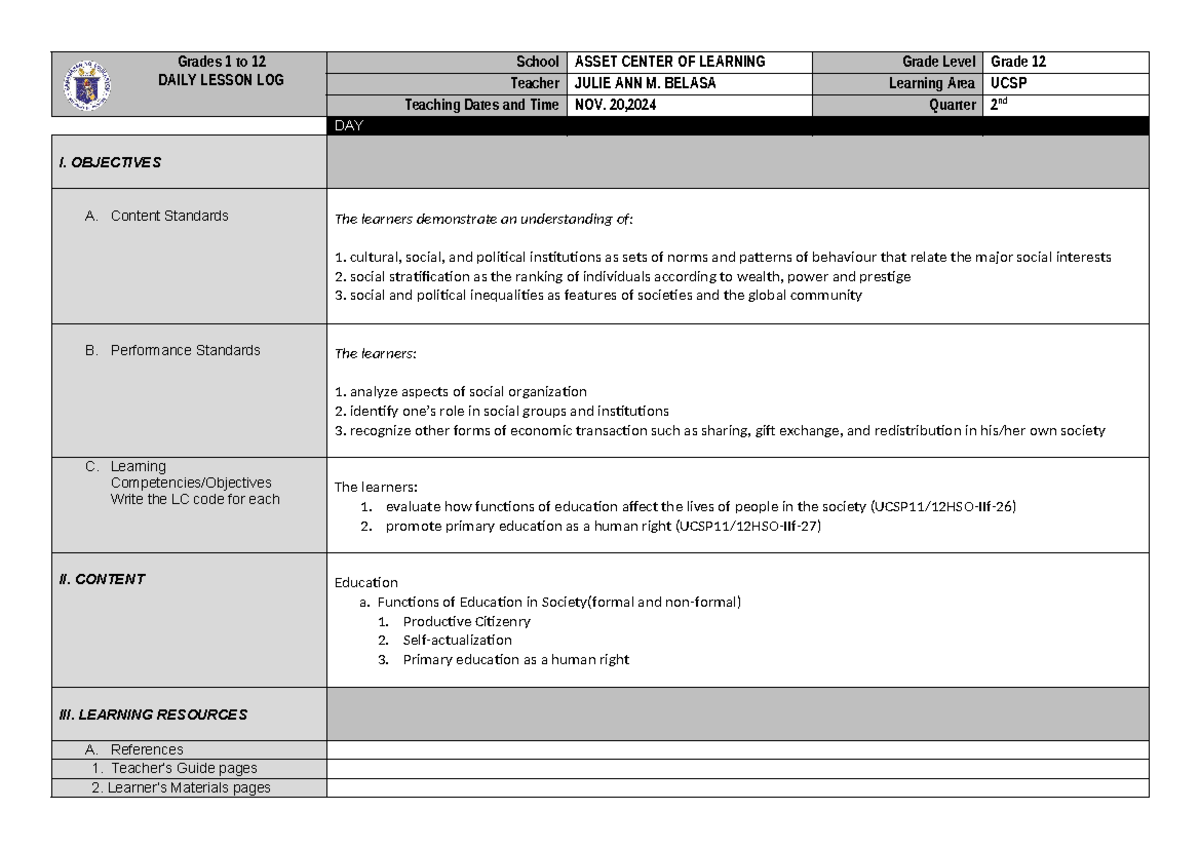 Education UCSP DLL - a lesson in UCSP - Grades 1 to 12 DAILY LESSON LOG ...