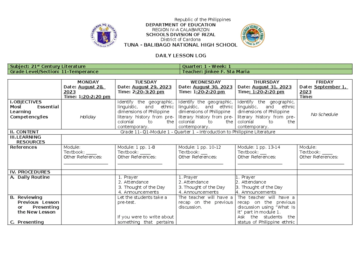21st Century Literature Daily Lesson Log - Grade 1 (Week 2) - Studocu