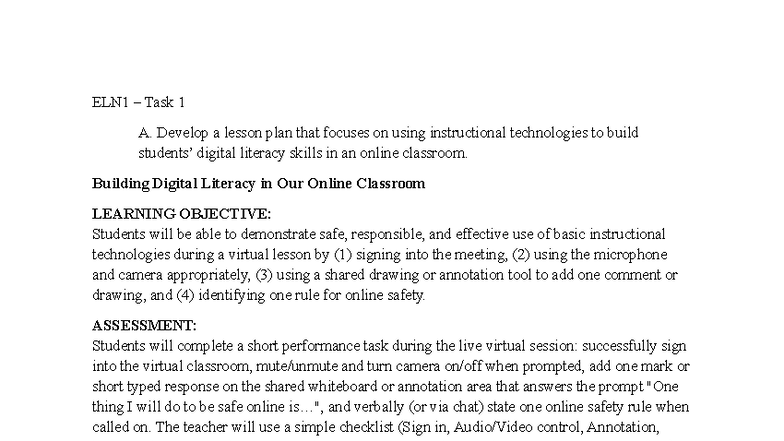 ELN1 Task 1: Lesson Plan for Building Digital Literacy Online - Studocu