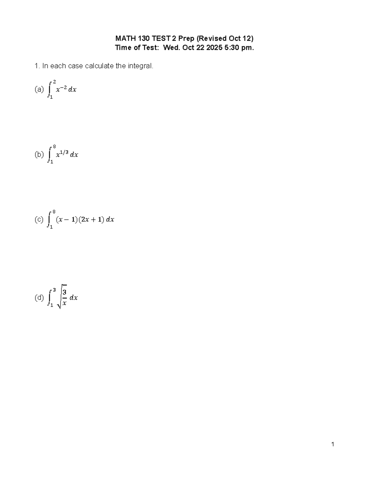 MATH 130 Test 2 Prep - Integrals & Differential Equations Practice ...