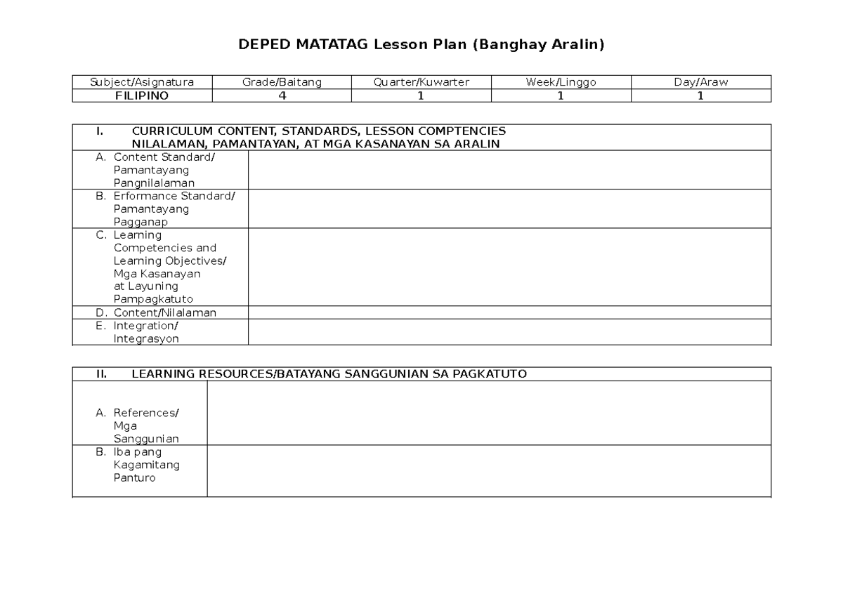 DEPED MATATAG Lesson Plan Template for Filipino 4 - Quarter 1 - Studocu