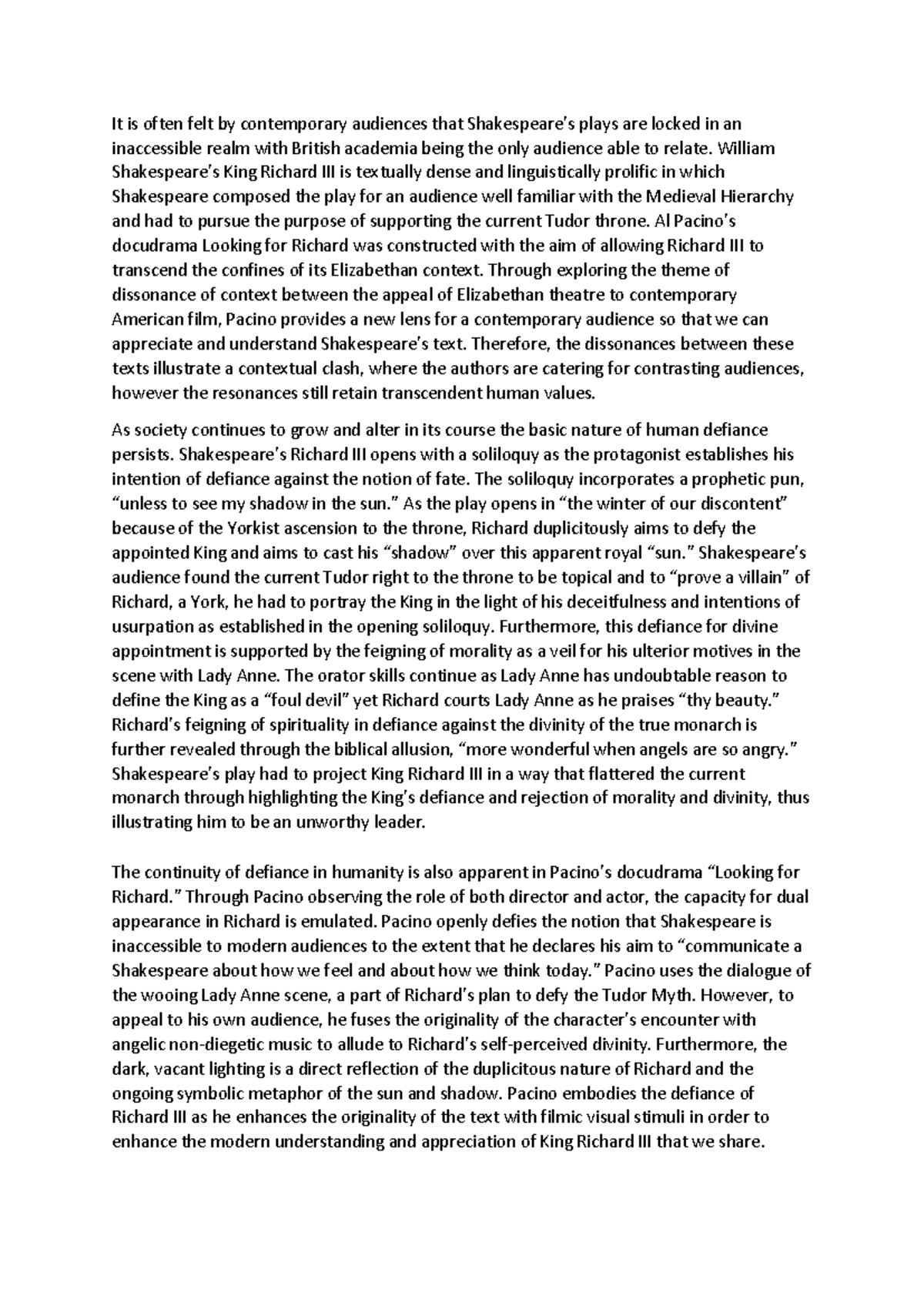 HSC English Advanced Essay: Exploring Dissonance in King Richard ...