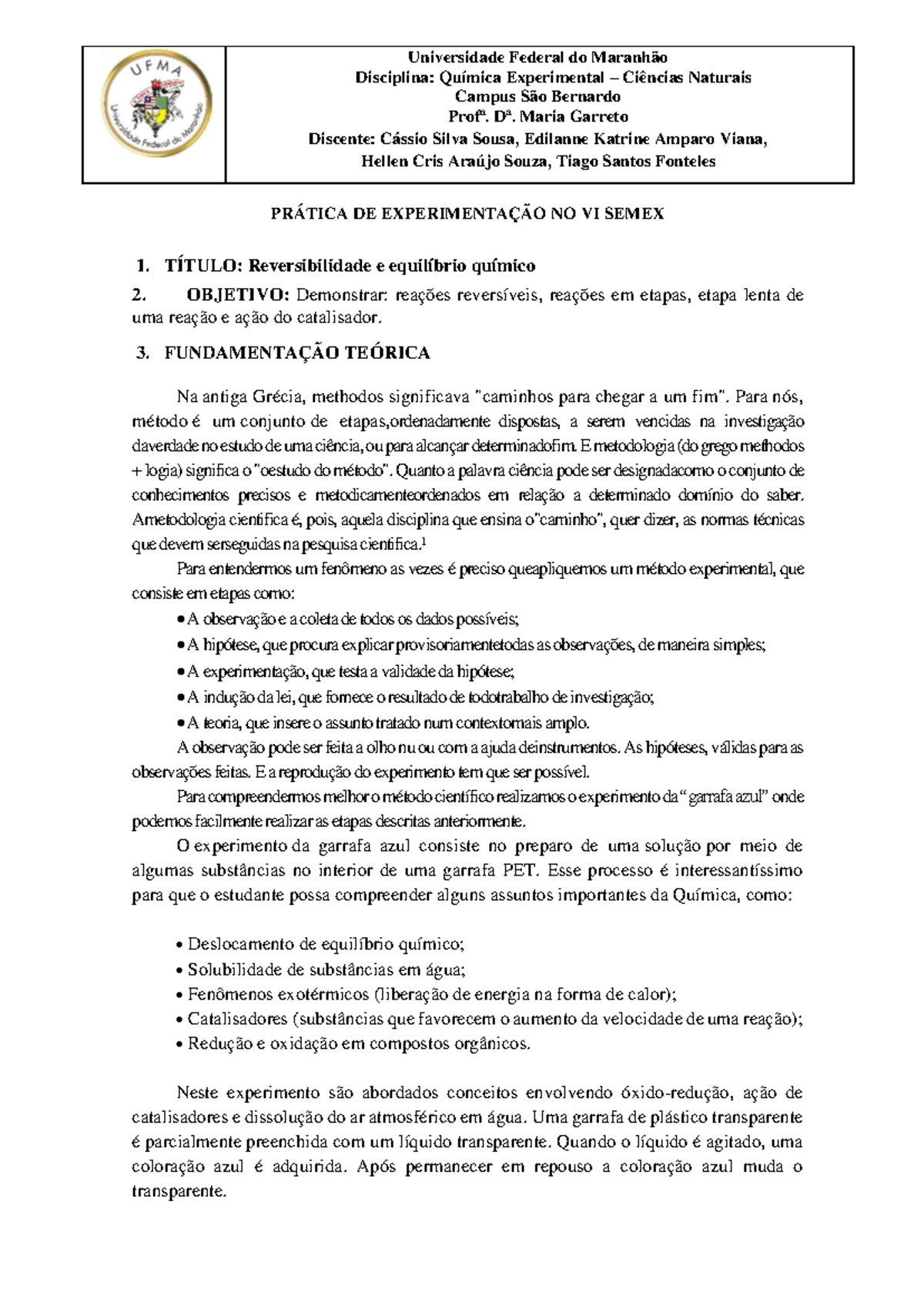 PRÁTICA DE ExperimentaçÃO NO VI Semex - Reversibilidade E Equilibrio ...