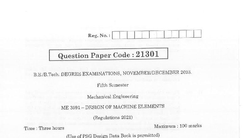 QP ME3591 Degree Exam Question Paper - Design of Machine Elements 2023 ...
