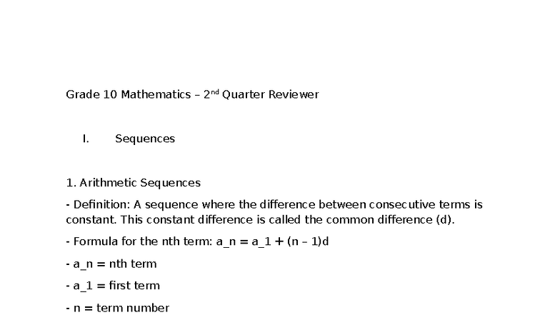 Grade 10 Math 2nd Quarter Reviewer: Sequences & Polynomials - Studocu