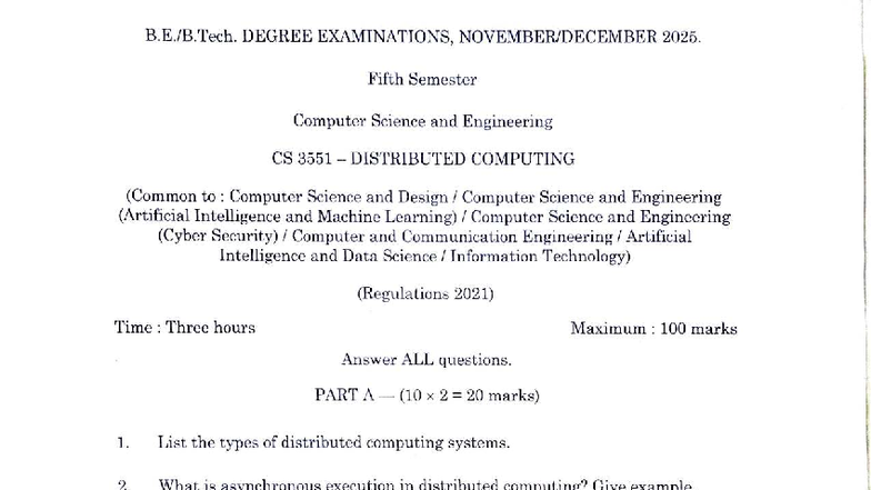 Cs3551 - Degree Exam Questions for Distributed Computing, 2025 - Studocu