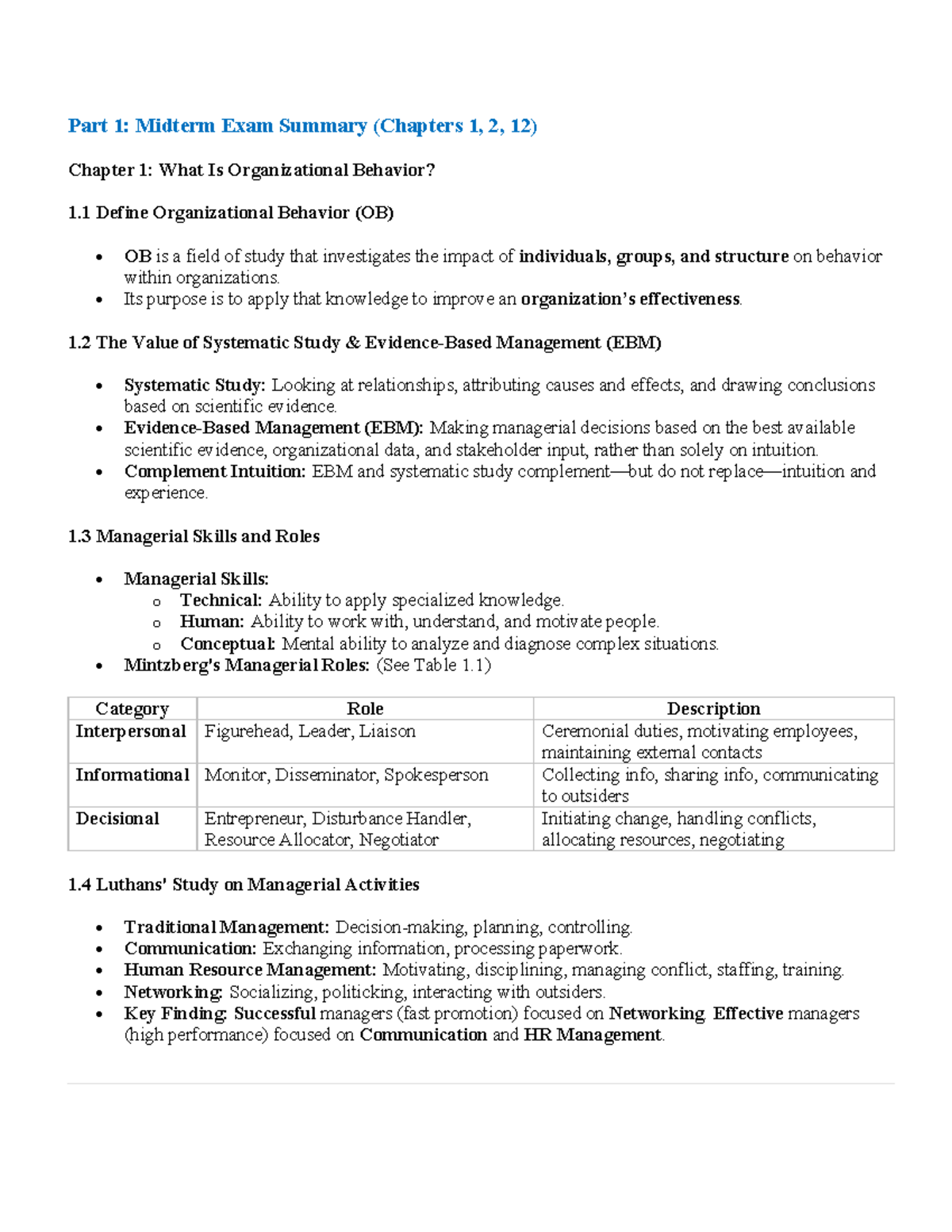 Midterm & Final Exam Summary: Org Behavior & Leadership (EBM) - Studocu