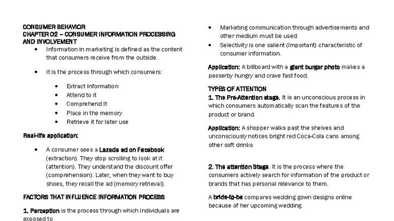 CHAP 02 - CONSUMER BEHAVIOR: INFO PROCESSING & INVOLVEMENT - Studocu