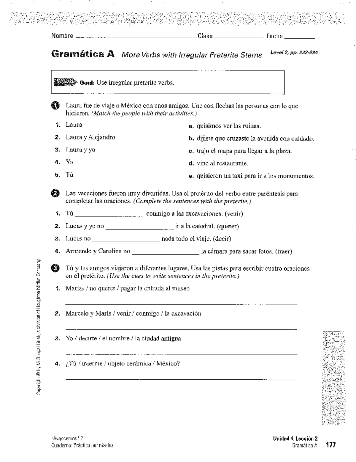 Spanish 2 Wkbk pp. 177-179: Irregular Preterit Verbs Grammar - Studocu
