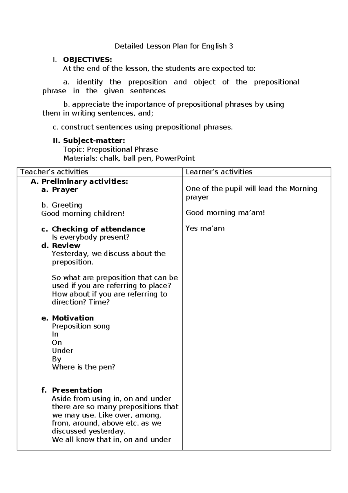 English 3 Detailed Lesson Plan: Understanding Prepositional Phrases ...