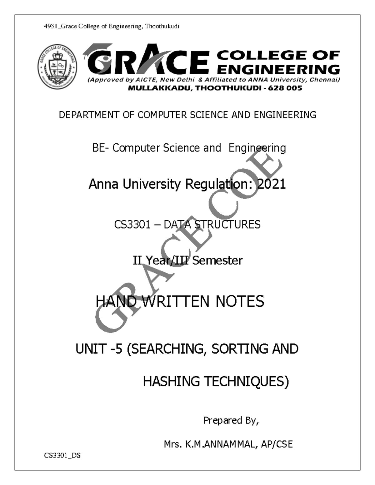III CSE CS3301 DS Unit V - Handsome - Computer science and engineering - 4931_Grace College of ...