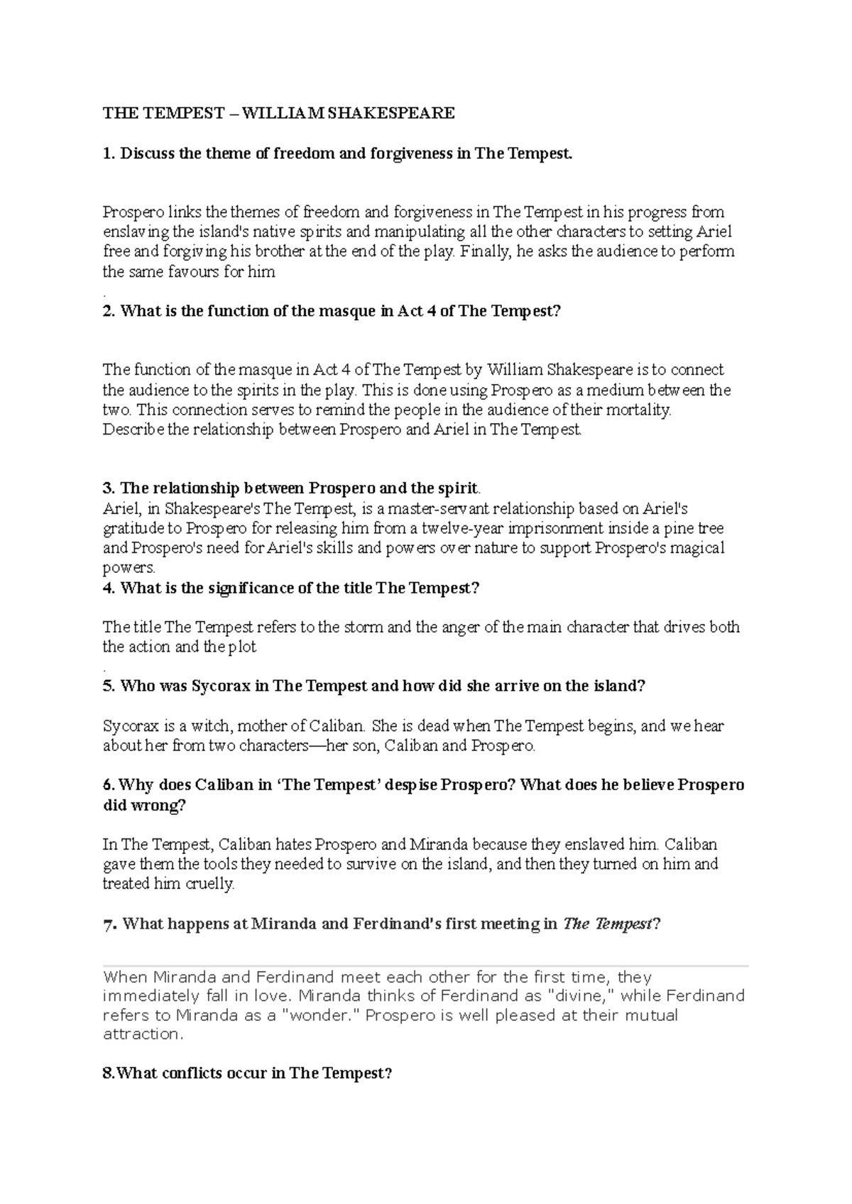 The Tempest (ENG-101) - Q&A Study Notes on Themes & Characters - Studocu