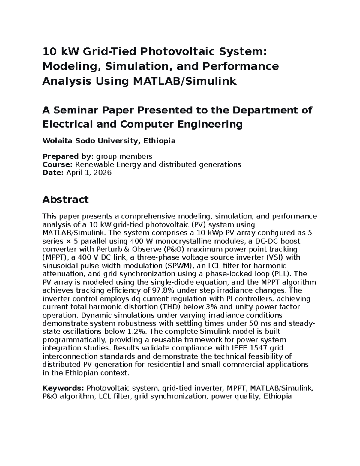 10 kW PV System: Modeling, Simulation & Performance Analysis - ECE 2026 ...