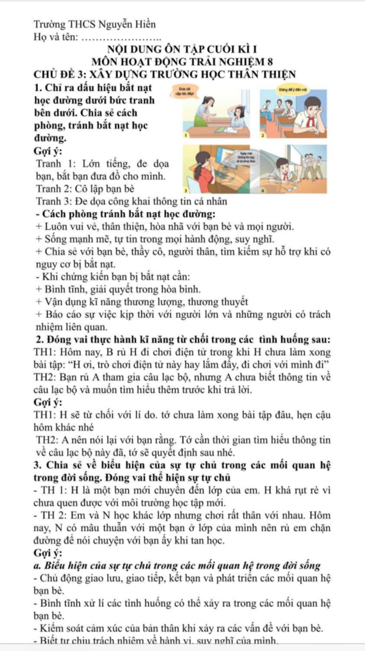 Đề cương HĐTNHN - Đề cương trải nghiệm hướng nghiệp - Tr ng THCS Nguy n Hi n H và tên: N I DUNG ...