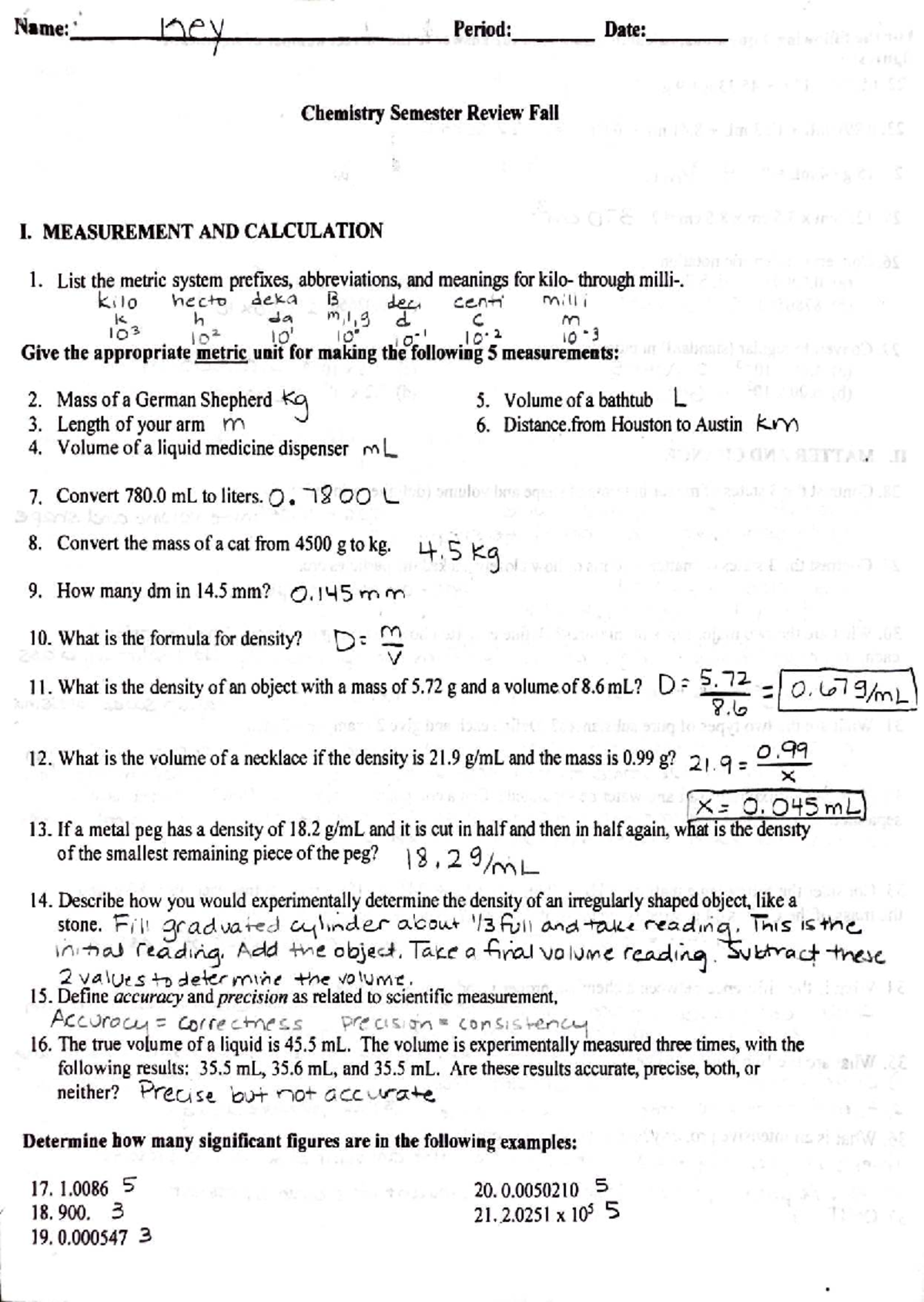 Chemistry 101: Fall I Semester Review Key - Studocu