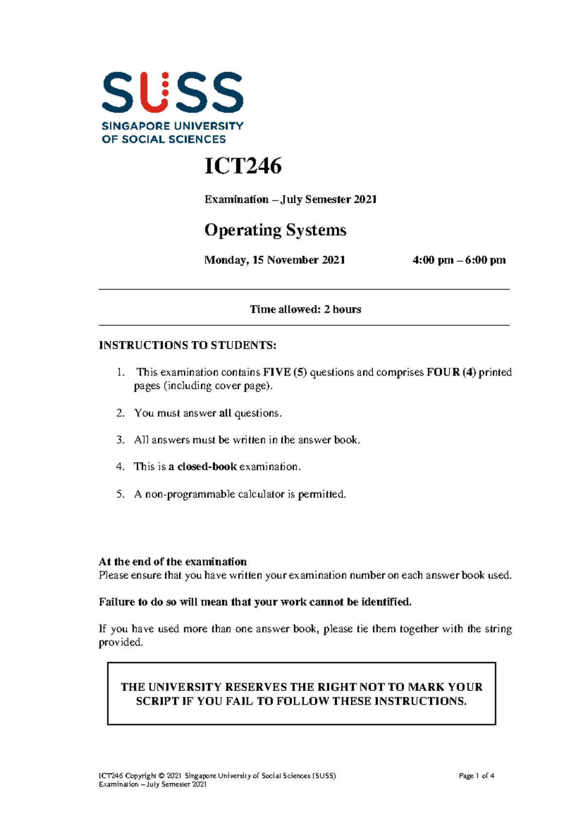ICT246 July 2021 Final Exam: Operating Systems Overview and Questions ...