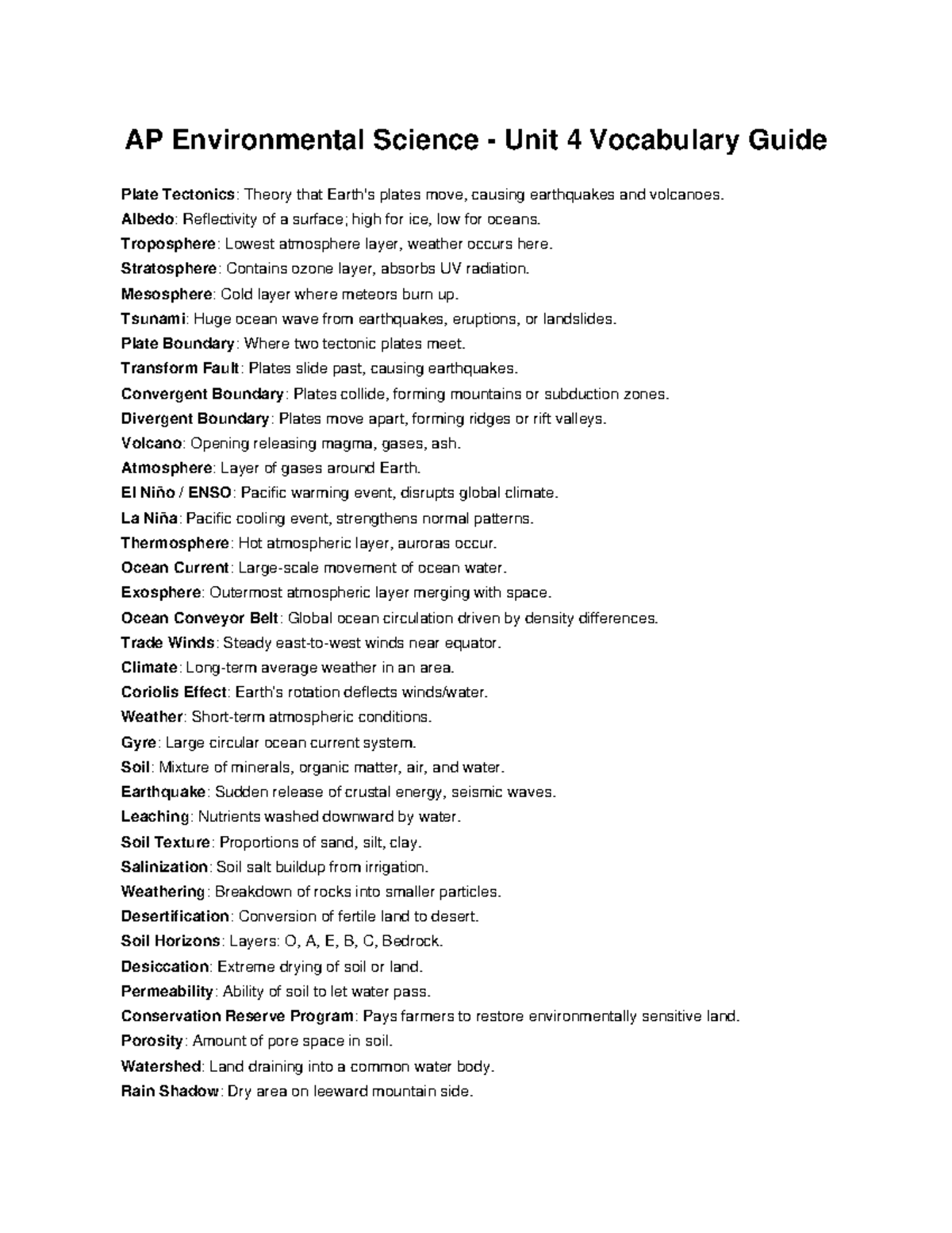 APES Unit 4 Vocabulary Guide: Plate Tectonics & Atmosphere Terms - Studocu