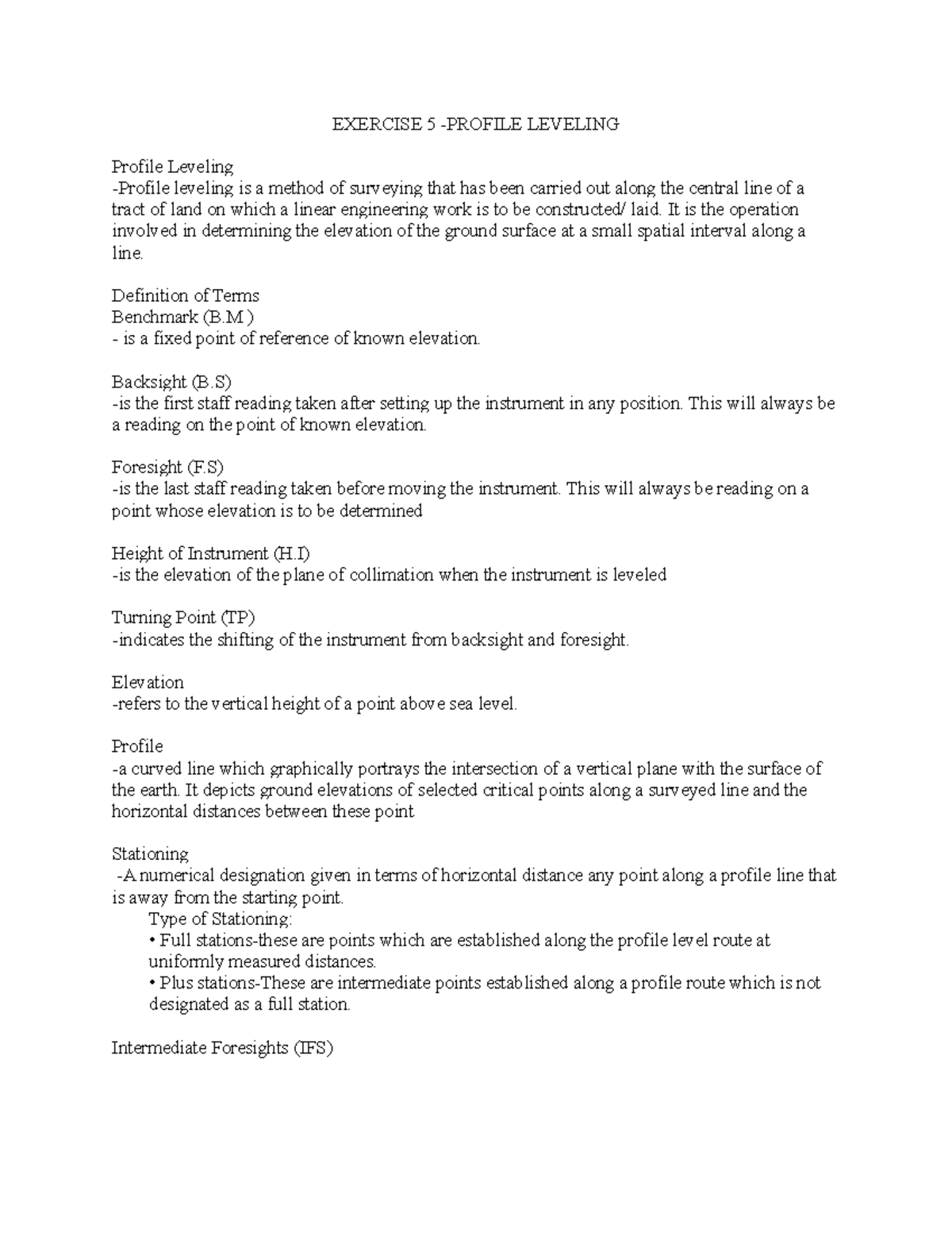 Surveying Profile Leveling: EXERCISE 5 -PROFILE LEVELING Profile ...
