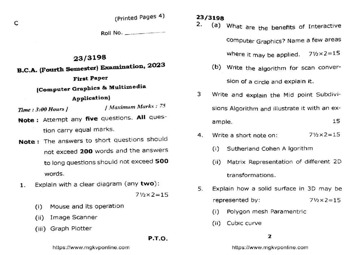 BCA 4 Sem Computer Graphics & Multimedia Application Exam 3198 2023 - Studocu