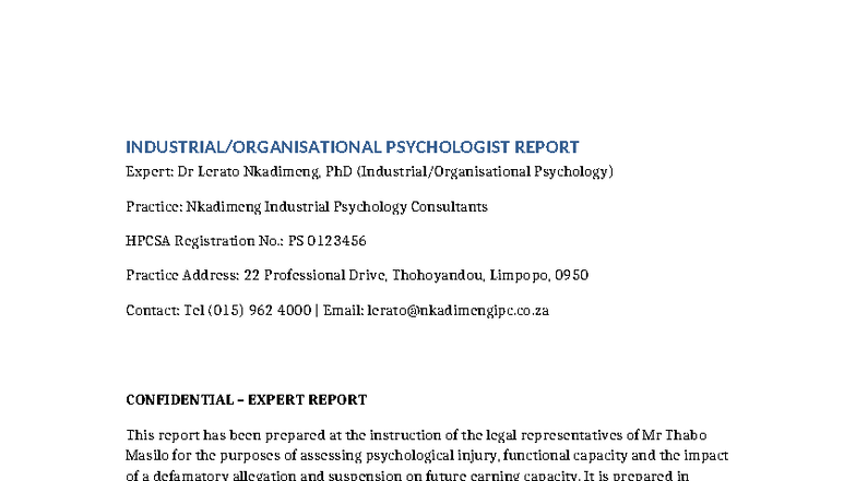 Industrial Psych Report on Future Loss for Thabo Masilo - Studocu