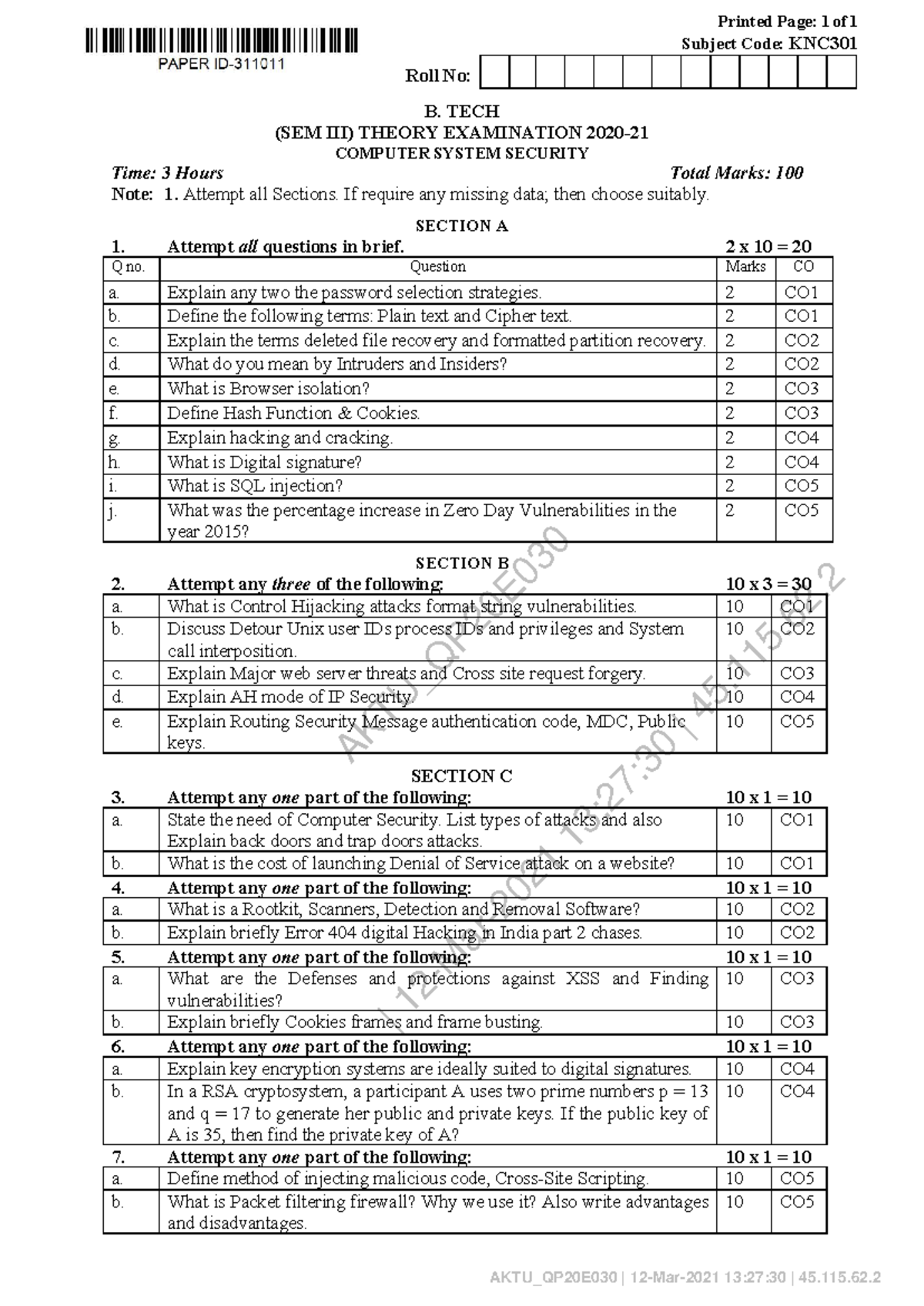 KNC 301 Computer System Security 2020-21 - AKTU_QP20E | 12-Mar-2021 13: ...