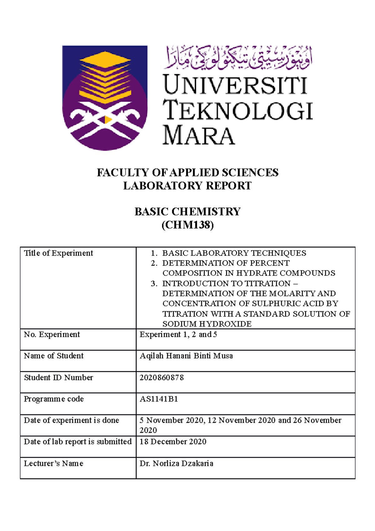 CHM138 Lab Report: Experiment 1 - Basic Laboratory Techniques - Studocu
